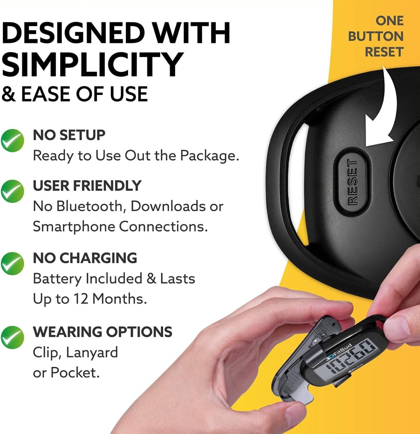 3DFitBud Simple Step Counter Walking 3D Pedometer with Clip and Lanyard